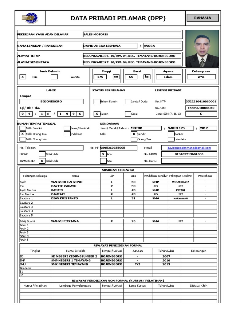 Form Data Pribadi Pelamar David Angga Lesmana | PDF