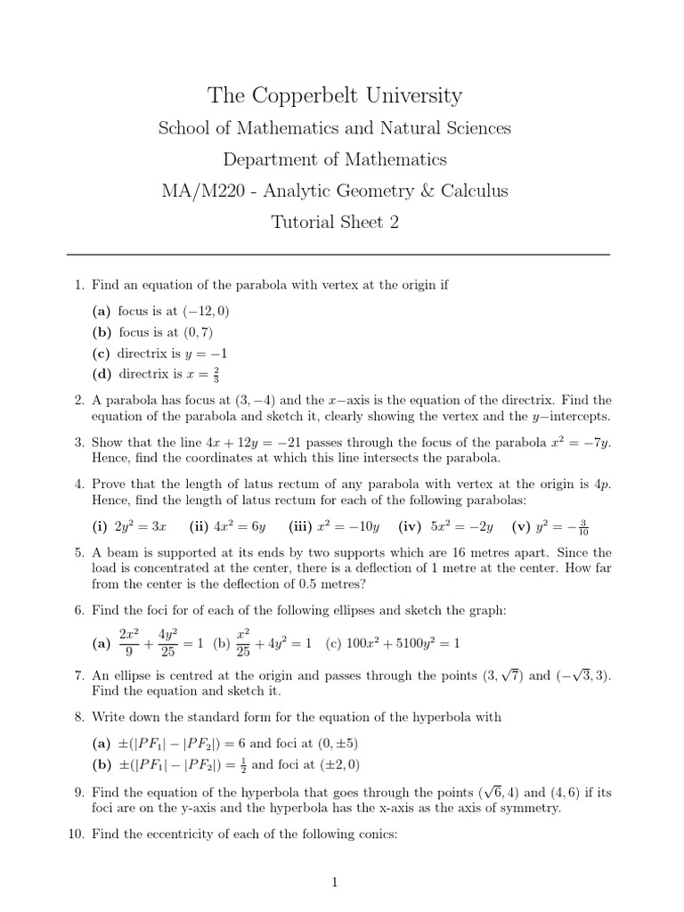Analytic Geometry & Calculus Tutorial Sheet 2: Equations of Parabolas ...