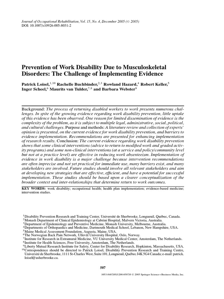 Prevention of Work Disability | PDF | Evidence Based Medicine ...