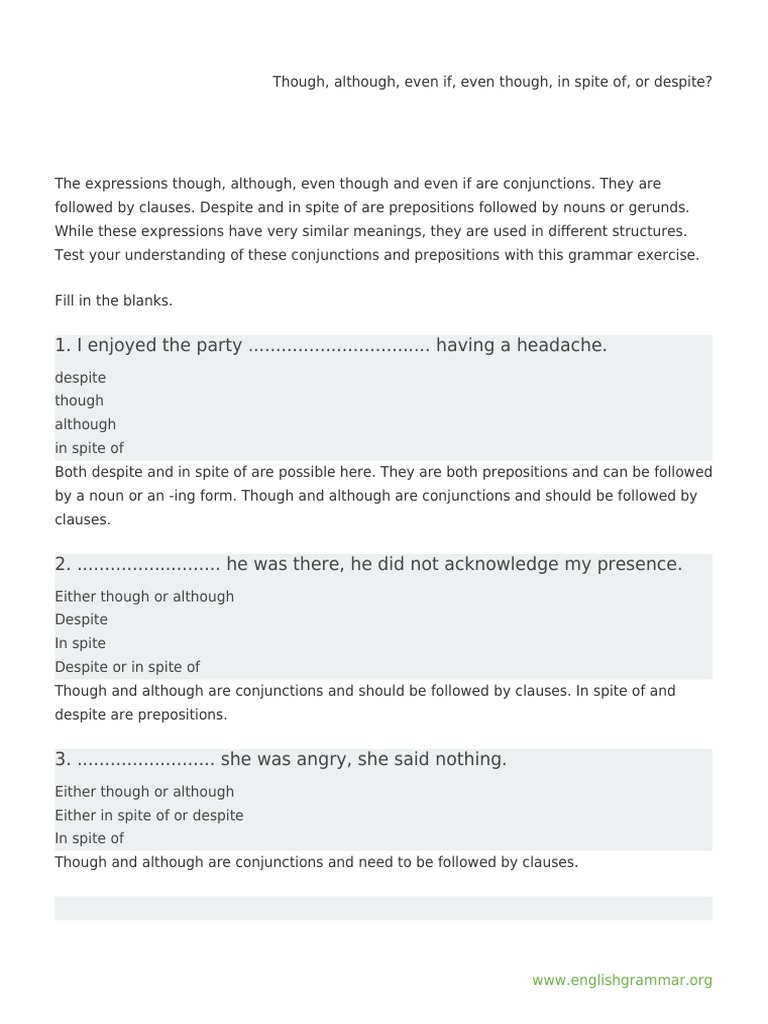 Though, although, even if, even though, in spite of, or despite_ | PDF ...