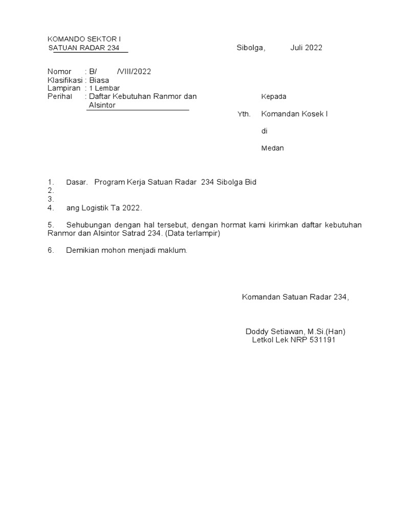 Daftar Kebutuhan Ranmor Satrad 234 | PDF
