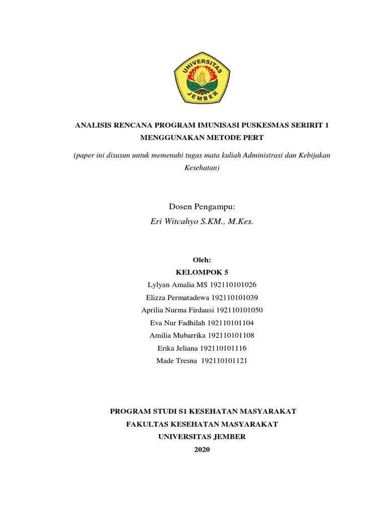 Analisis Rencana Program Imunisasi Puskesmas Seririt 1 Menggunakan Metode PERT | PDF