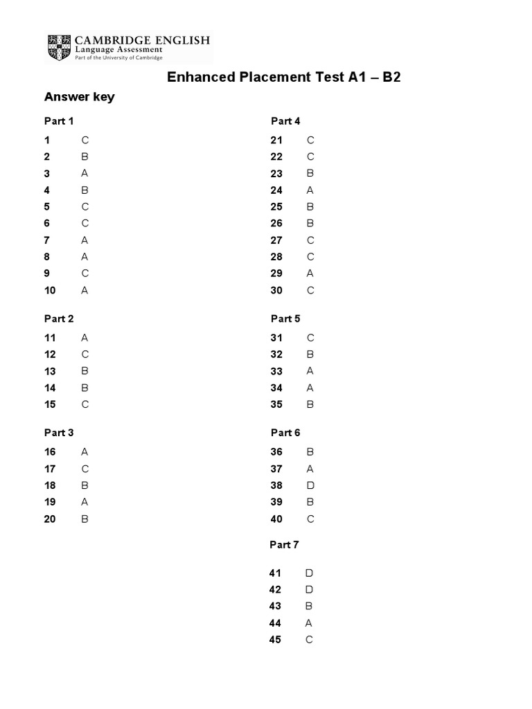 Answer Key. UNOi Placement Test para Profesor | PDF Answer Key. UNOi Placement Test para Profesor | PDF