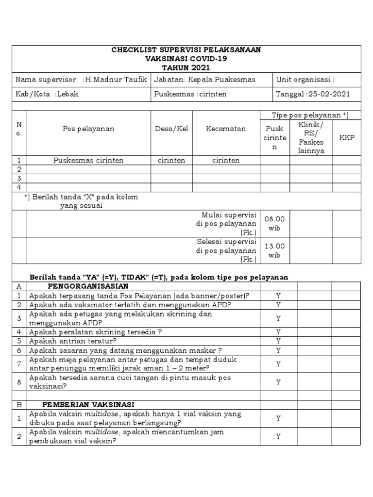 Checklist Supervisi Pelaksanaan Baru PKM Cirinten | PDF