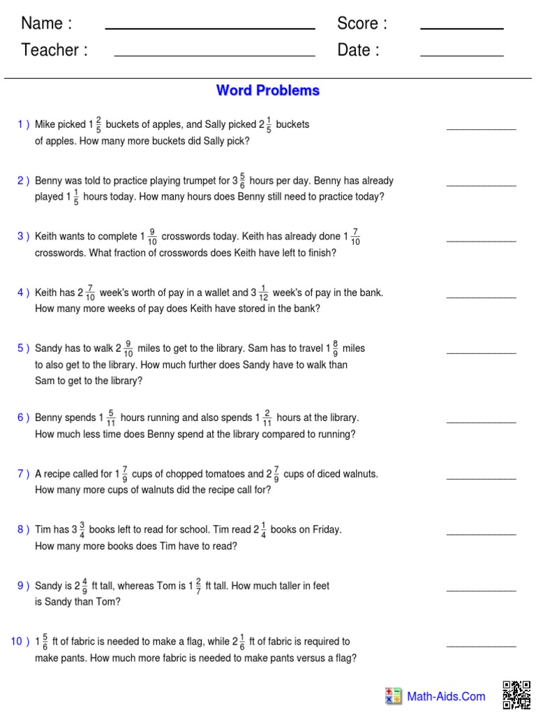 Subtraction Mixed Number Worksheet | PDF