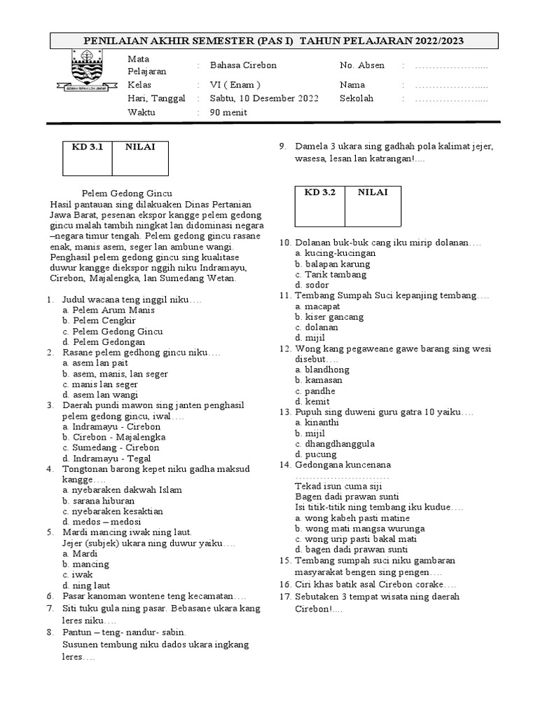 Pts Bahasa Cirebon Kelas 6 ROSILAH SDN PAHLAWAN | PDF