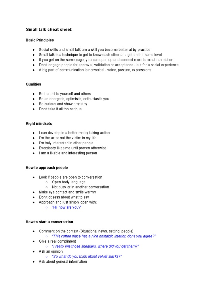 Small Talk Cheat Sheet | PDF | Body Language | Nonverbal Communication
