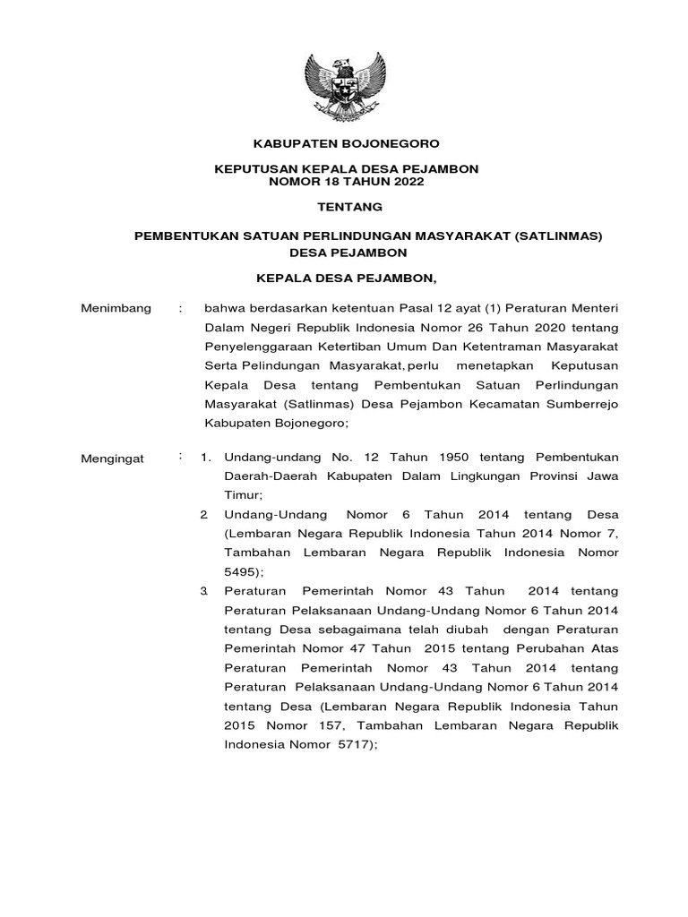 SK 18 Tahun 2022 Satlinmas Desa Pejambon | PDF