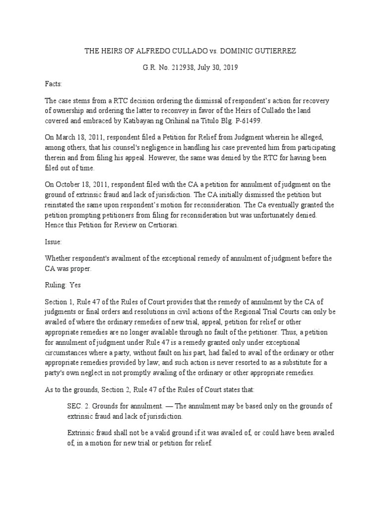 Heirs of Cullado v. Gutierrez Case Review | PDF | Judgment (Law ...