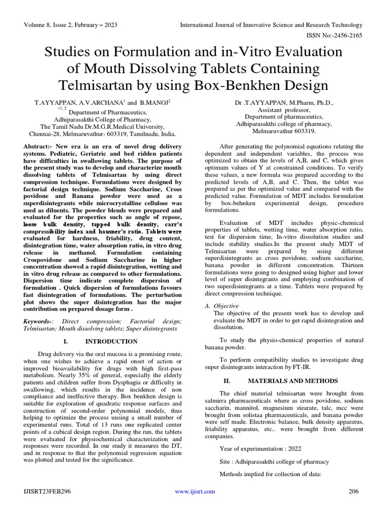 Formulation of Telmisartan MDTs | PDF | Pharmaceutical Formulation | Tablet (Pharmacy)