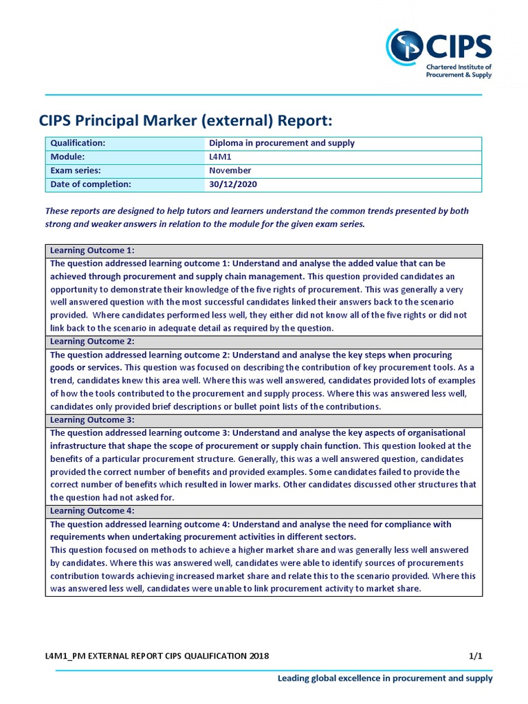 PM External Marker Report L4M1 Nov 20 | PDF | Procurement | Learning