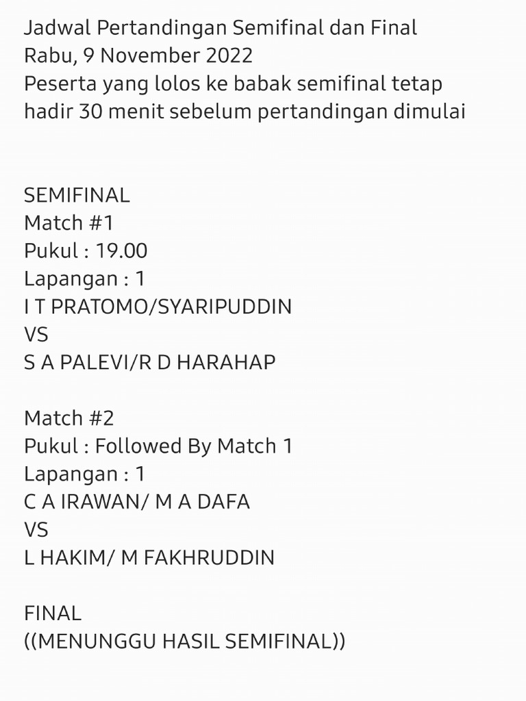 Jadwal Pertandingan Semifinal Dan Final Rxpo 2022 | PDF