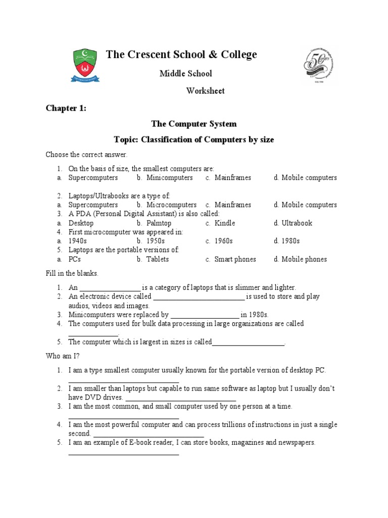 Computer Size Classification Worksheet | PDF | Technology & Engineering | Computers