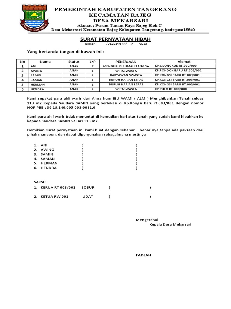 Pemerintah Kabupaten Tangerang Kecamatan Rajeg Desa Mekarsari Surat ...