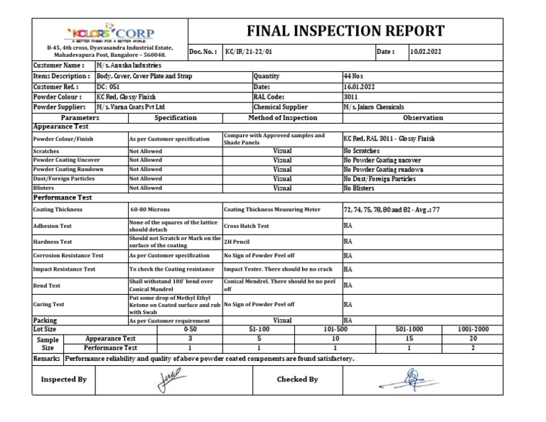 Powder Coating - Final Inspection Report Dated 10.02.2022 | PDF ...