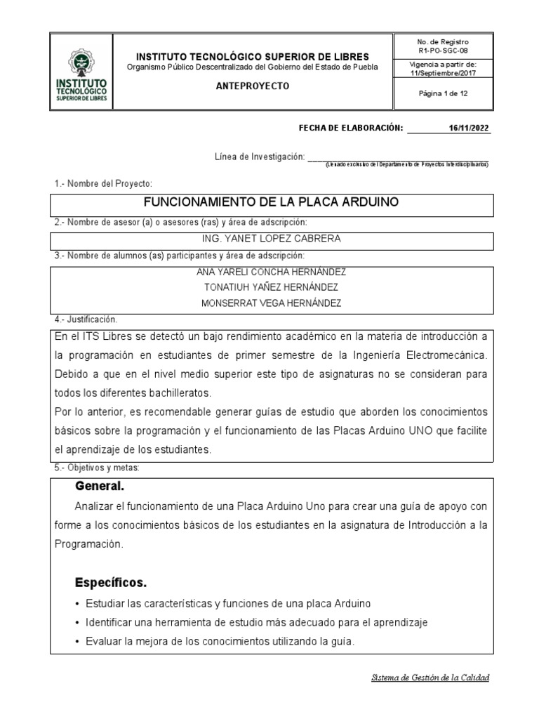Proyecto De Investigacion Arduino Pdf Microcontrolador Arduino