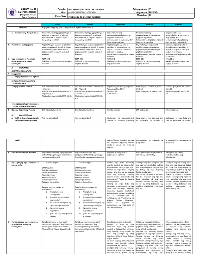 Grade 5 DLL FILIPINO 5 Q3 Week 2 | PDF