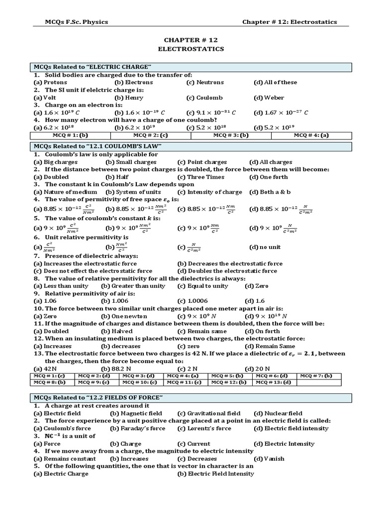 2ND YEAR PHYSICS Full Book Topical MCQS With ANSWERS | PDF | Capacitor | Electric Field