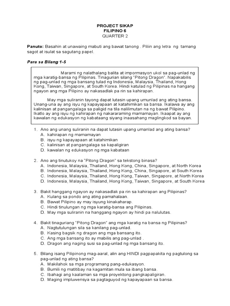 SIKAP Filipino 6 - Q2 - Test Question | PDF