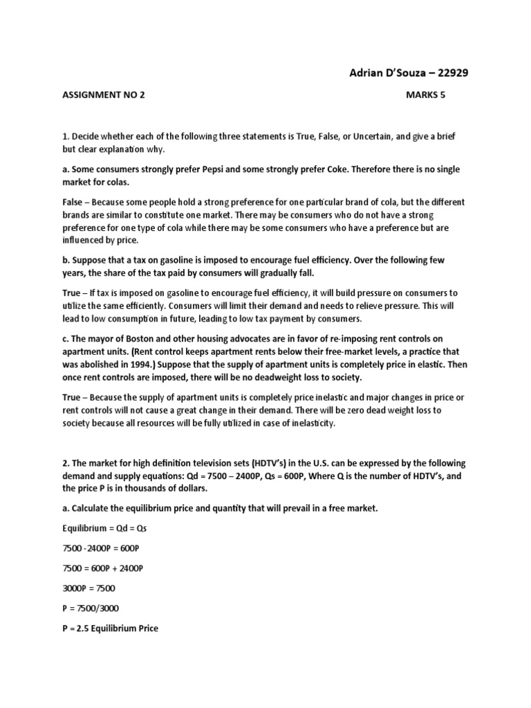 Assignment No 2 Pdf Elasticity Economics Economic Equilibrium