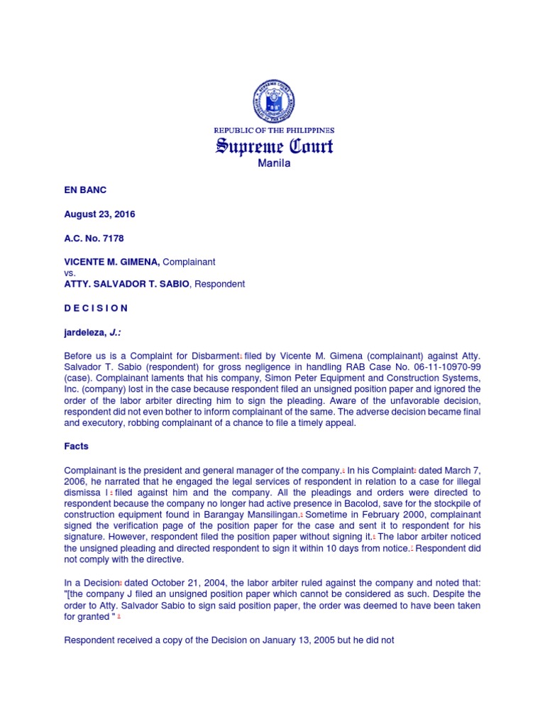 A.C. No. 7178 Gimena Vs Atty Sabio 08-23-2016 | PDF | Lawyer | Complaint
