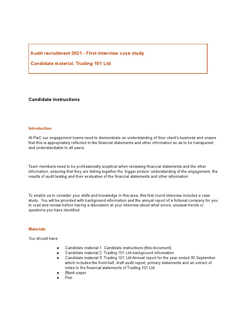 Candidate Material 1 - Case Study - Nov '21 | PDF | Financial Statement | Audit