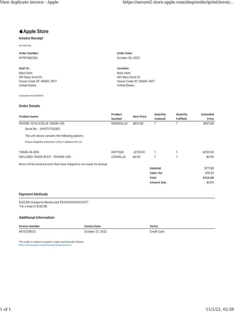 View Duplicate Invoice - Apple | PDF | Invoice | Receipt