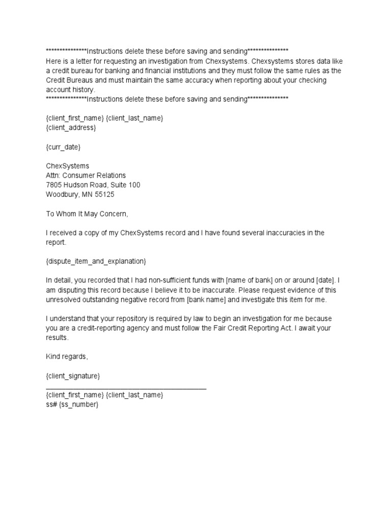 ChexSystems Investigation Request Letter | PDF | Finance & Money Management