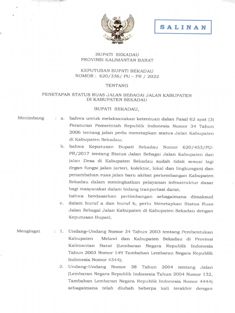 Salinan SK Penetapan Status Ruas Jalan Sebagai Jalan Kabupaten | PDF