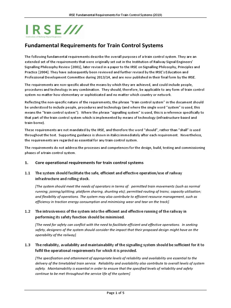 IRSE Fundamental Requirements For Train Control Systems (V1a - Sept ...