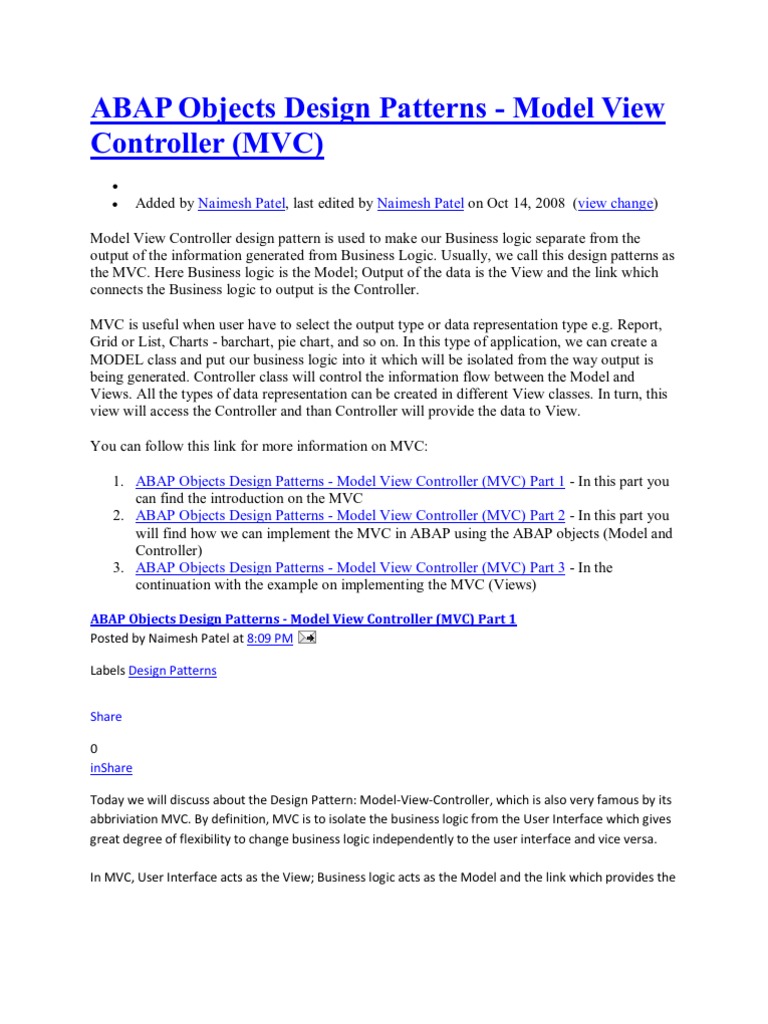 Abap Objects Design Patterns Mvc And Singleton Pdf Modelviewcontroller Class Computer 2253