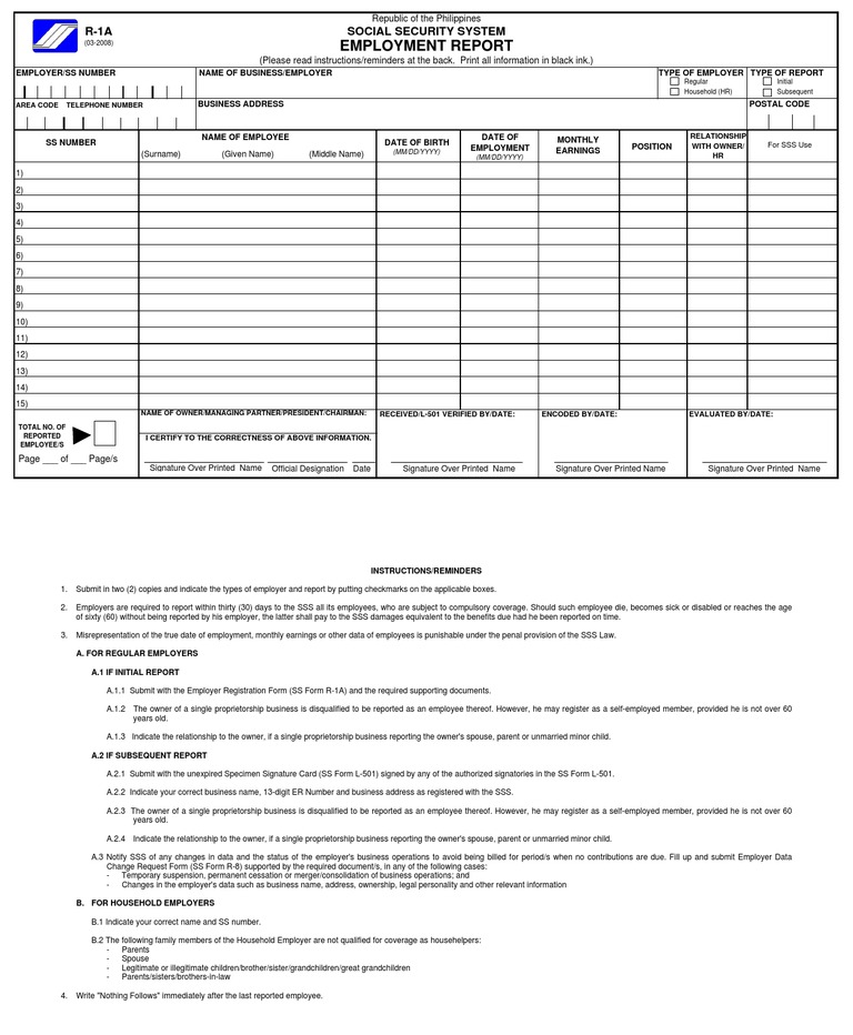 SSS Employment Report R-1A Guidelines | PDF | Sole Proprietorship ...