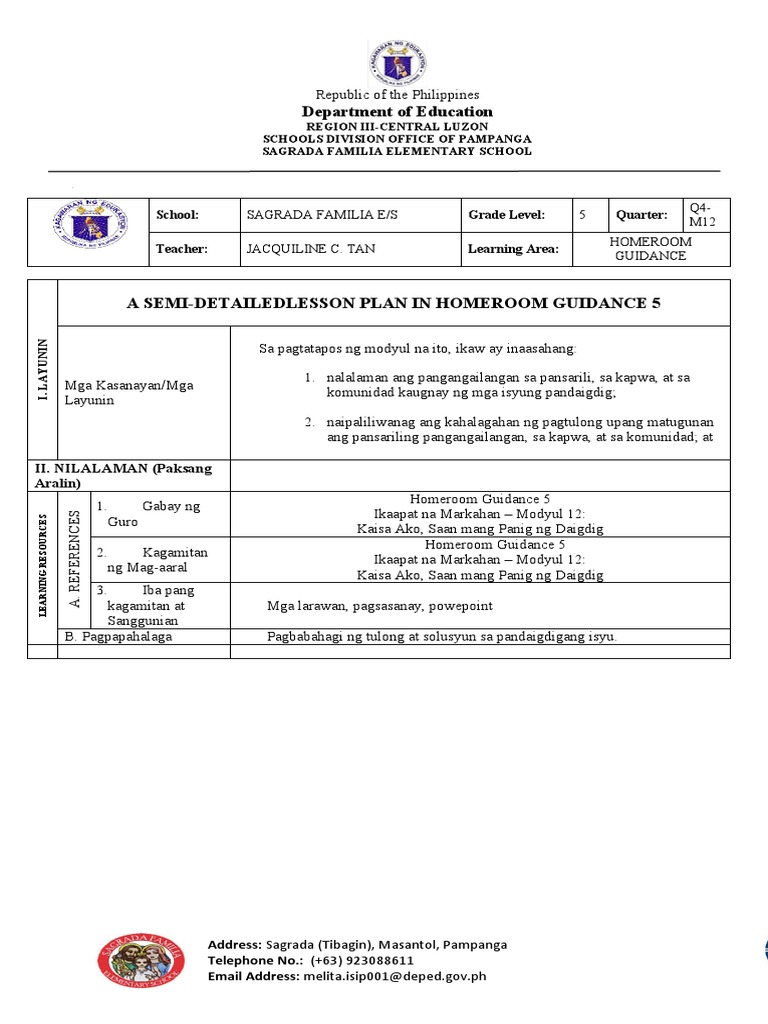 COT Lesson Plan Homeroom Guidance Grade 5 Q4 Module 12 | PDF