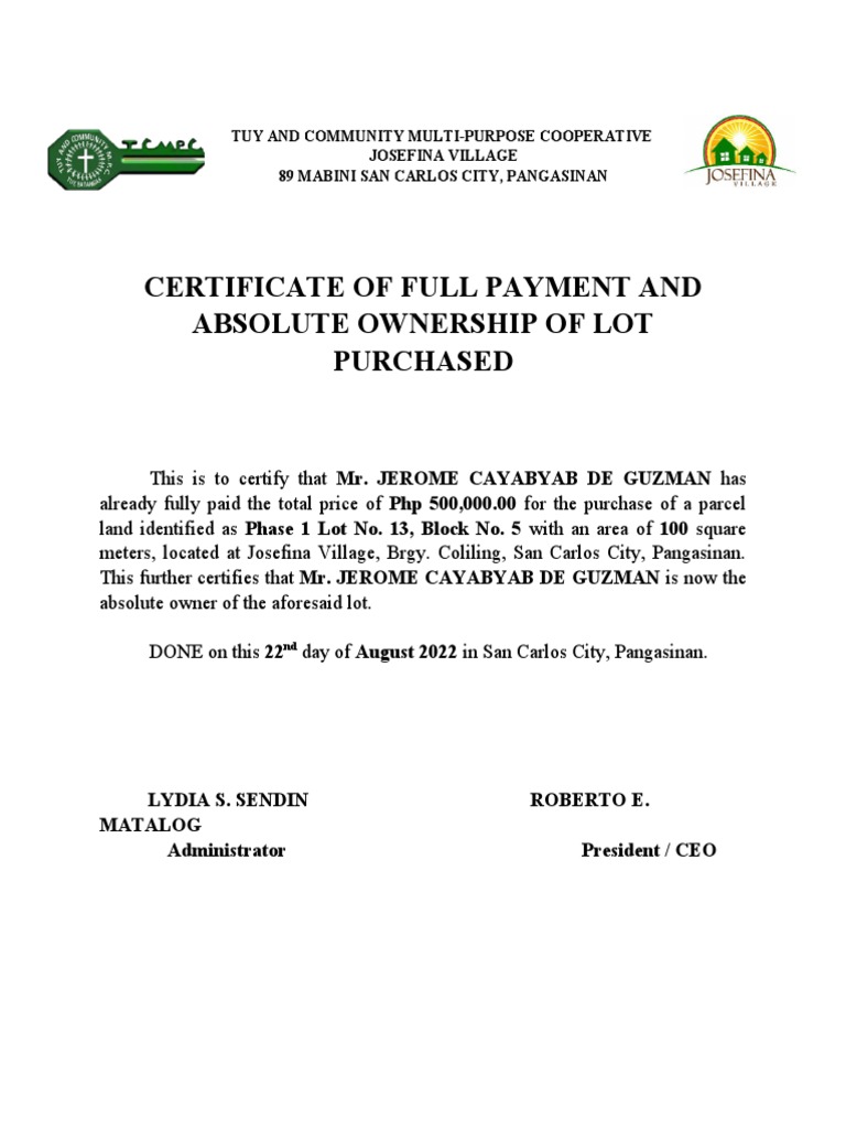 Certificate of Full Payment and Absolute Ownership of Lot Purchased | PDF
