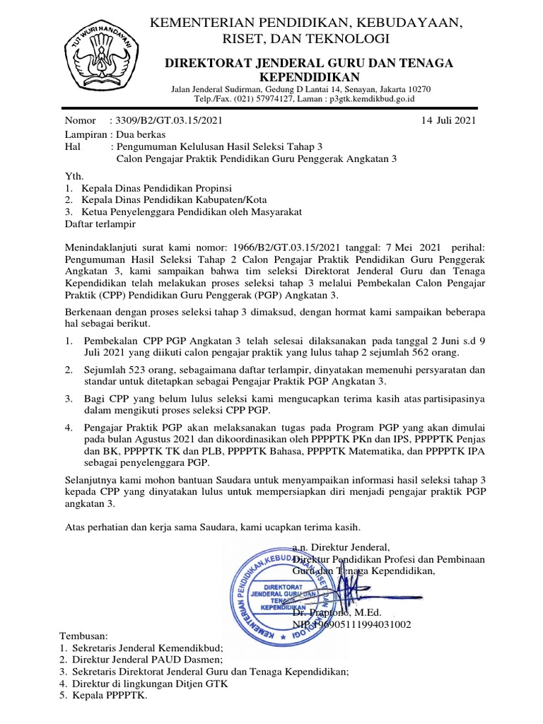 3309-Surat Pengumuman Hasil Seleksi Tahap 3 CPP A3 - Jawa Barat | PDF