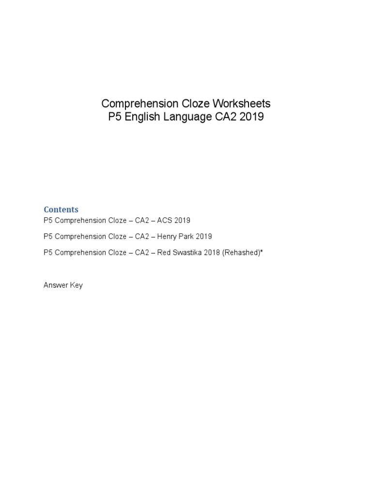 P5 Comprehension Cloze Worksheet CA2 2019 | PDF
