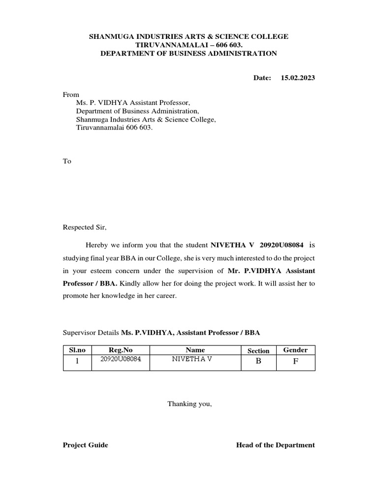 Project Letter Sakthi | PDF