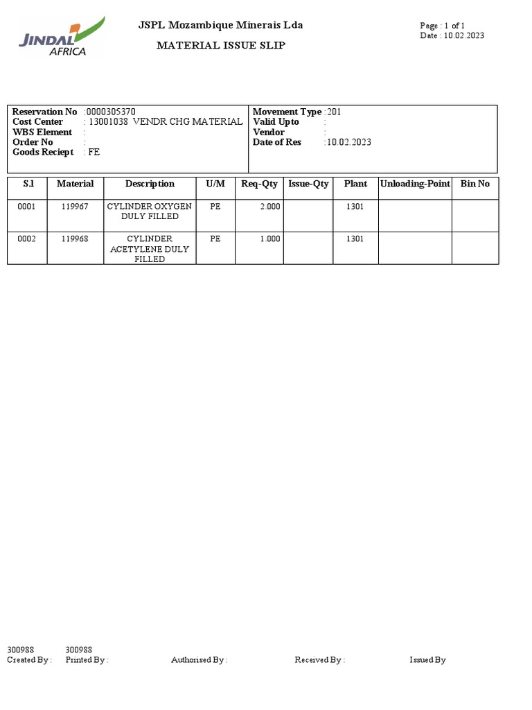 JSPL Mozambique Minerais Lda Material Issue Slip: Page: 1 of 1 Date: 10 ...