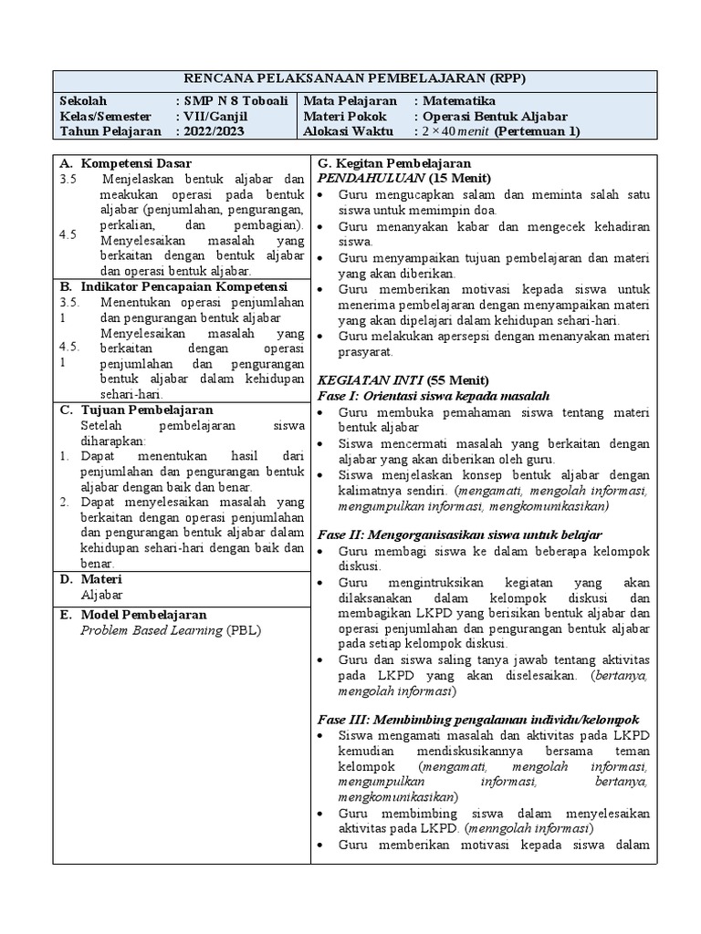 RPP Aljabar | PDF | Karier & Perkembangan | Seni