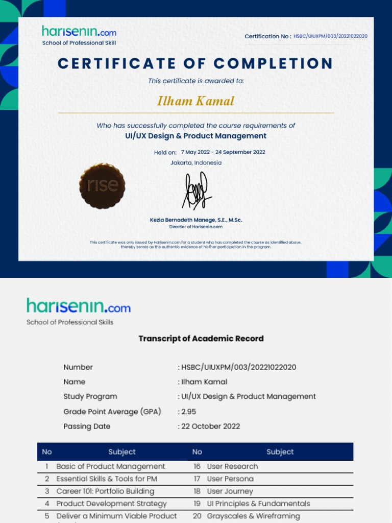 Certificate and Transcript - HSBC UI - UX Design & Product Management Batch 3 - Ilham Kamal ...