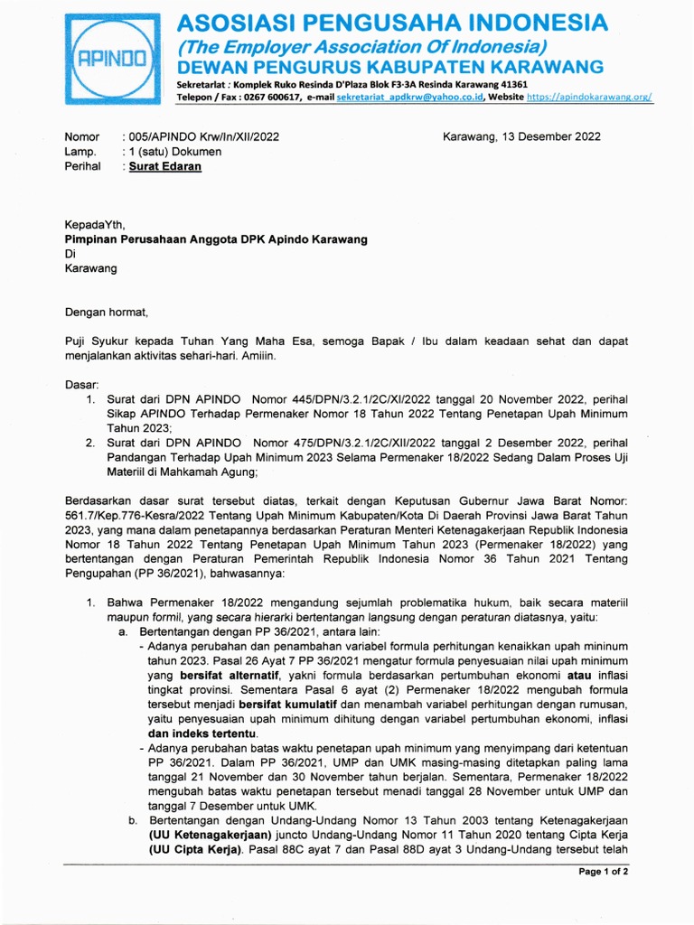 Surat Edaran Pengupahan 2023 | PDF