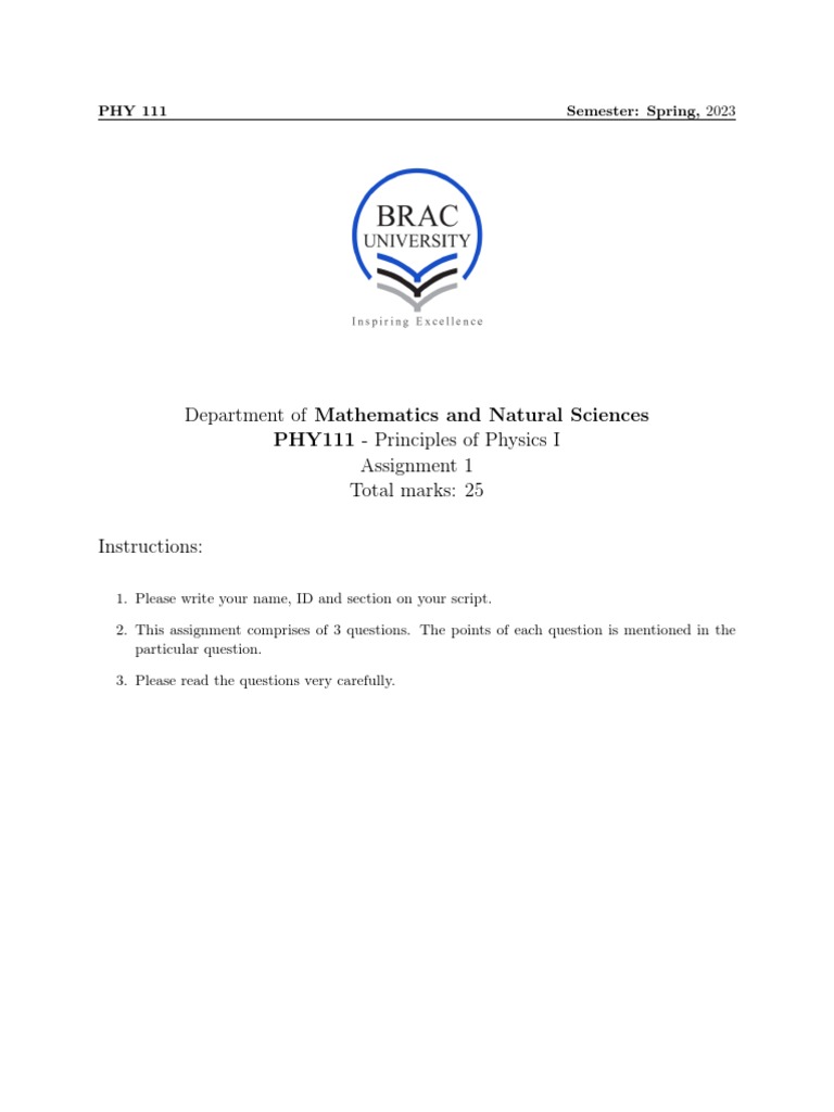 Assignment 1 Spring 2023 Phy111 Pdf Euclidean Vector Velocity