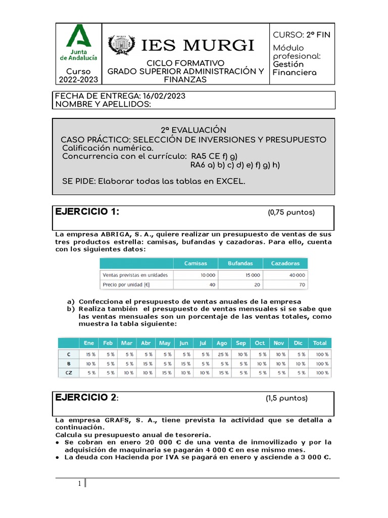 Caso Práctico Excel Inversiones y Presupuesto | PDF | Presupuesto | Tasa interna de retorno
