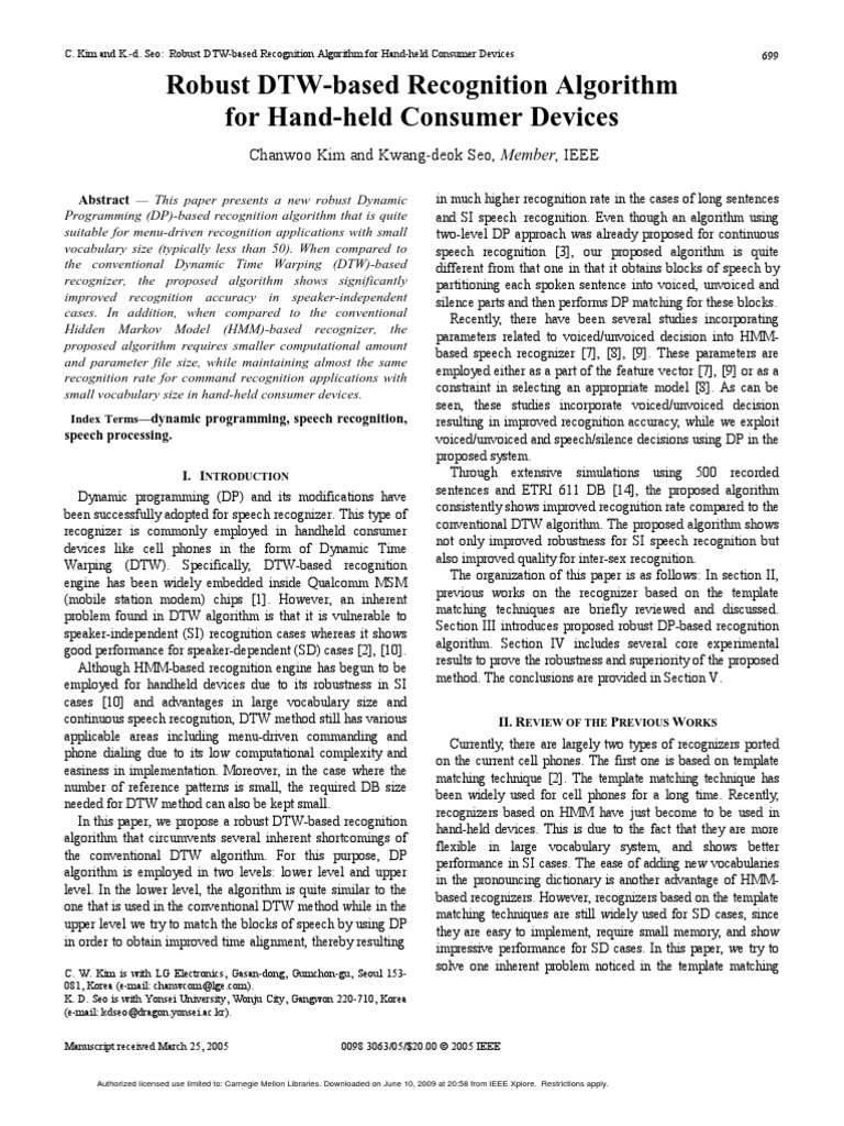 Robust DTW-based Recognition Algorithm For Hand-Held Consumer Devices | PDF | Speech Recognition ...