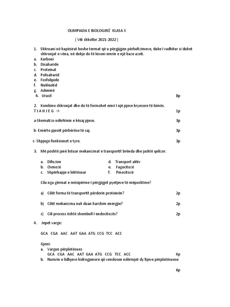 Olimpiada e Biologjisë Klasa X | PDF