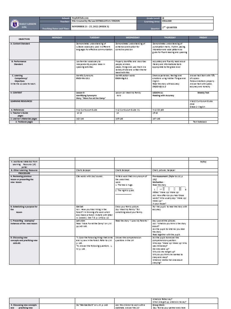 DLL - English 2 - Q2 - W3 | PDF | English Language | Cognitive Science