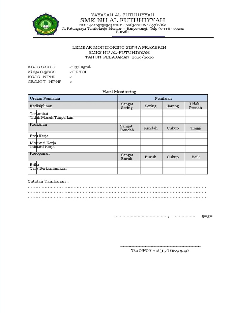 Lembar Monitoring PKL SMK NU Al Futuhiyyah | PDF