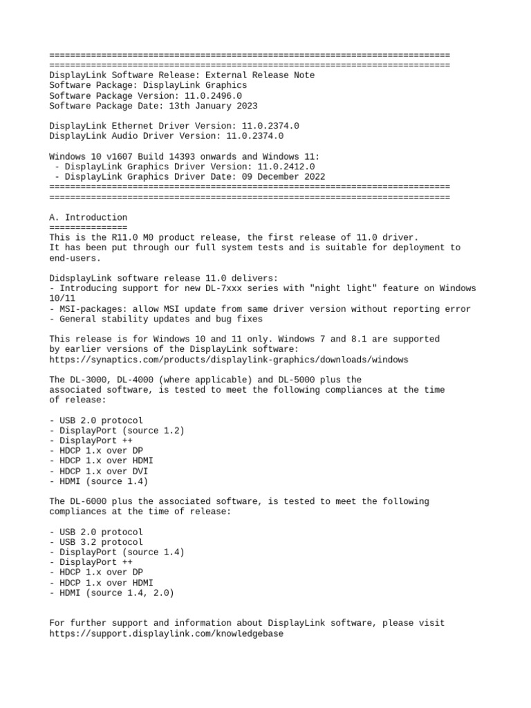 DisplayLink Graphics Driver 11.0 Release Notes | PDF | Windows 10 | Hdmi