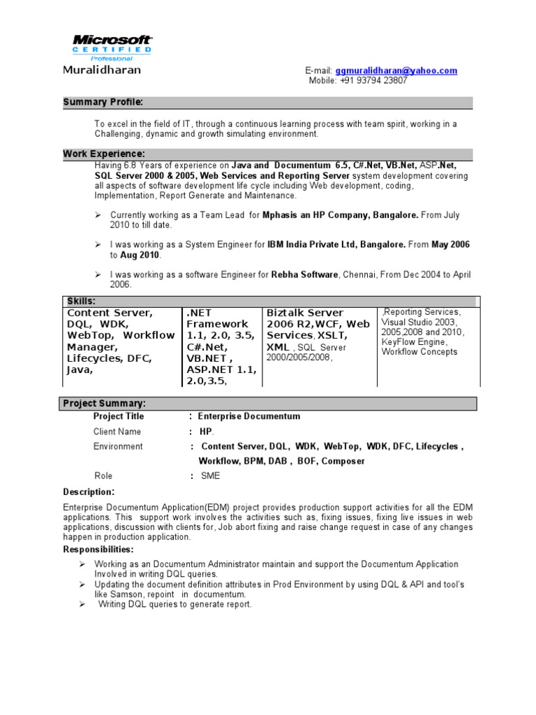 Murali Resume DCTM | PDF | Web Application | Active Server Pages