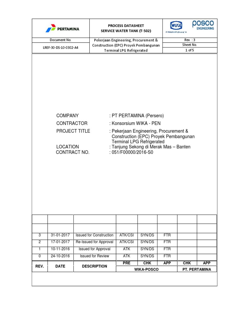 Service Water Tank Process Datasheet: Specifications, Design Details, and Revision History for T ...